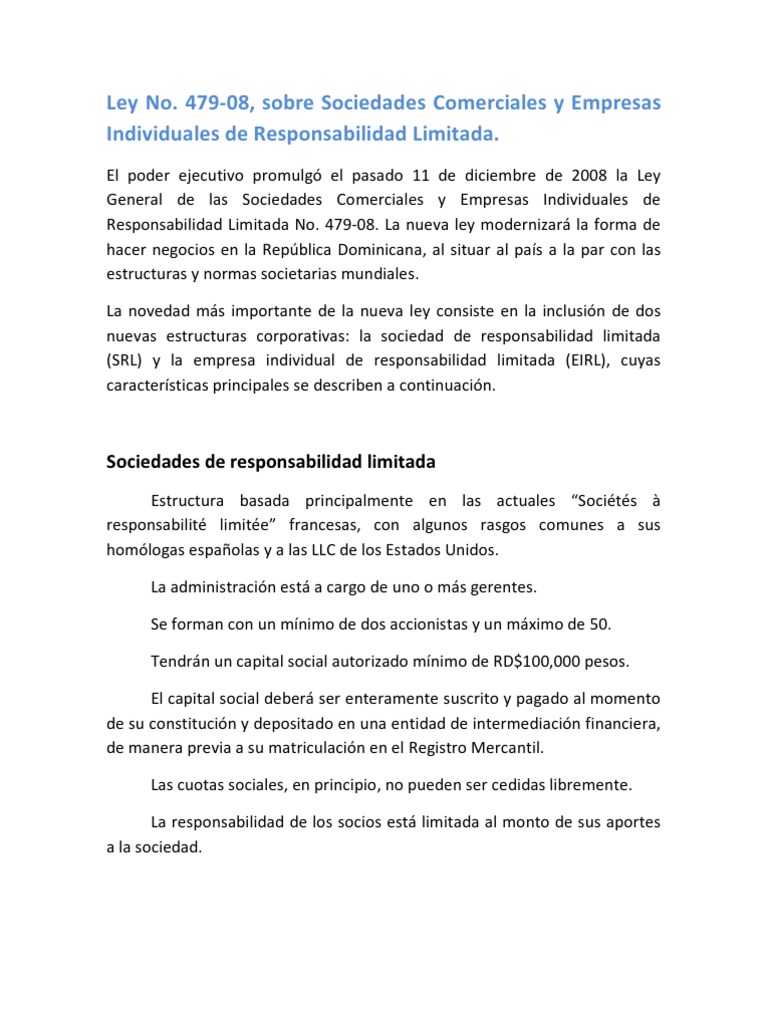 Ley 479-08: Sociedades Comerciales RD | PDF | Sociedad de ...