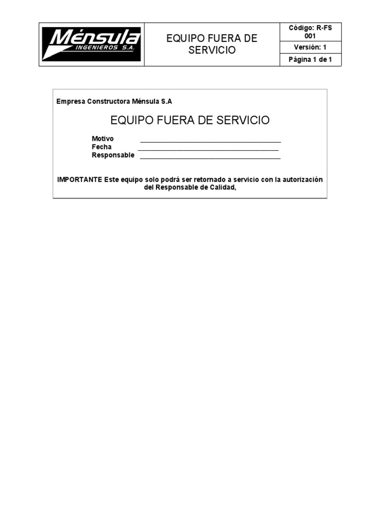 Equipo Fuera de Servicio - R-FS 001 | PDF