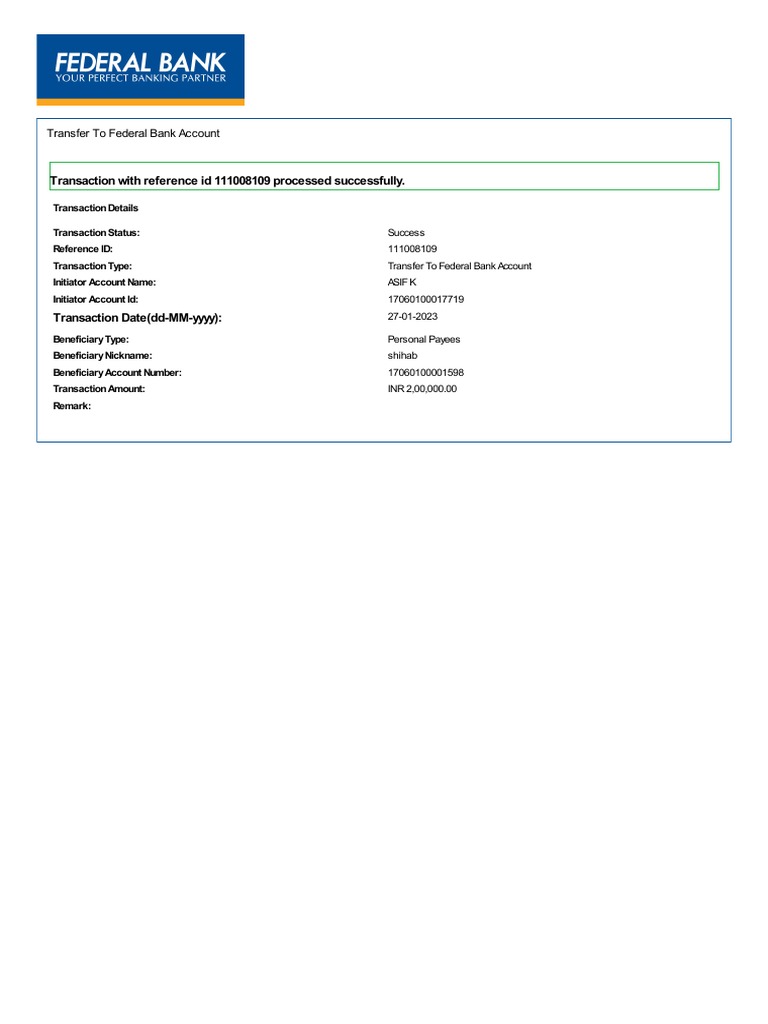 Federal Bank Transfer Receipt Details | PDF