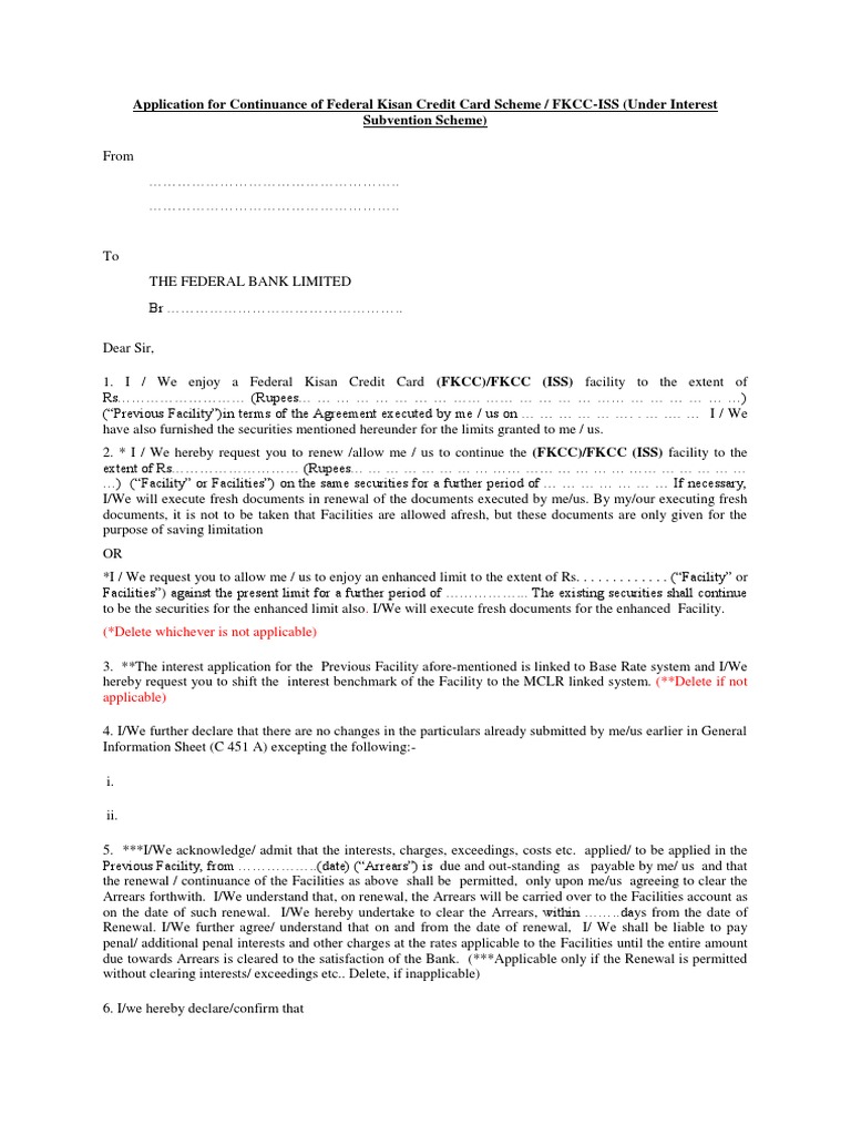 1 - Renewal Application - Application For Continuance of Federal Kisan Credit Card Scheme ...