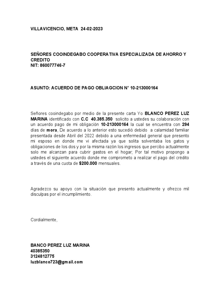 Borrador Carta Acuerdos de Pago | PDF