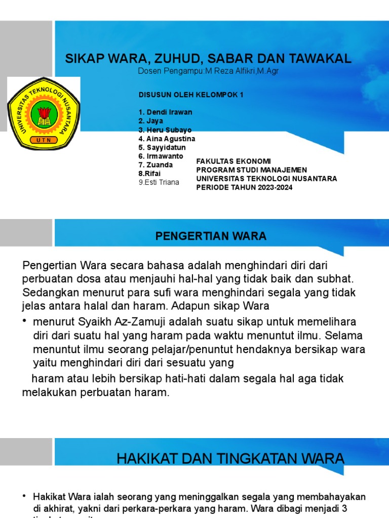 Sikap Wara, Zuhud, Sabar Dan Tawakal: Dosen Pengampu:M Reza Alfikri, M.Agr | PDF