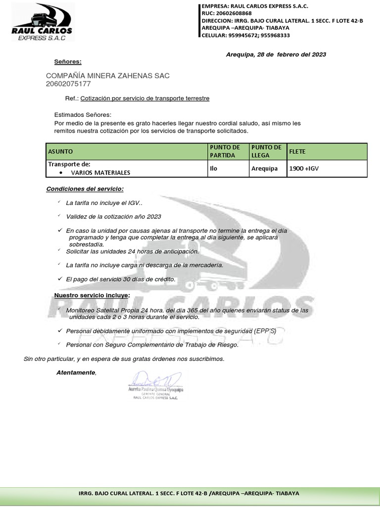Cotización Minera Zahena Sac PDF | PDF