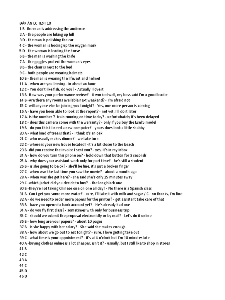 Dap An LC Test 10 | PDF