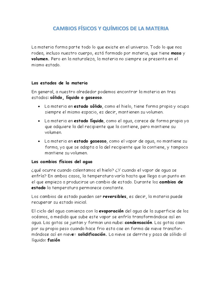 Tema 3 y 4 - Cambios Fisicos y Quimicos de La Materia | PDF | Vapor de ...