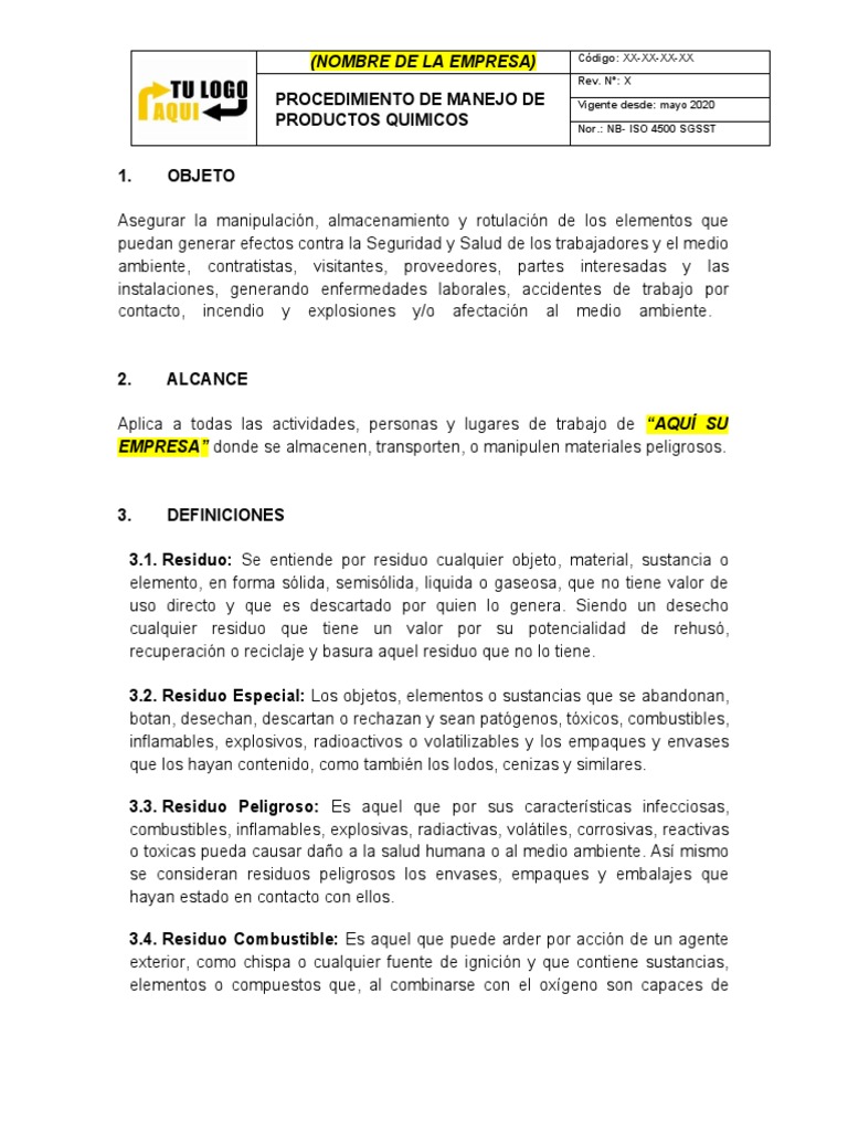 Procedimiento de Manejo de Sustancias Quimicas | PDF | Agua | Combustión