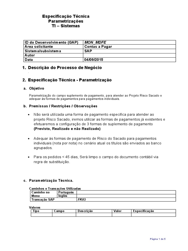 Especificaçâo Tecnica - Projeto Risco Sacado B | PDF | Contabilidade ...