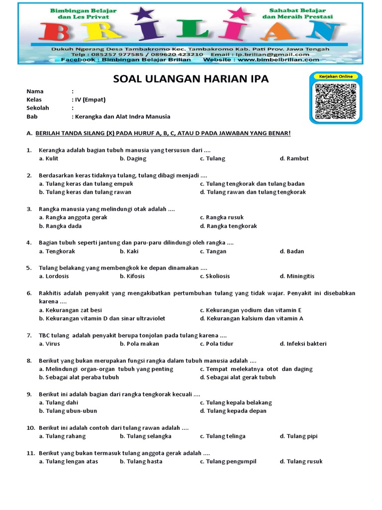 Soal Ulangan Harian IPA Kelas 4 SD - BAB 1 Kerangka Dan Alat Indra Manusia | PDF