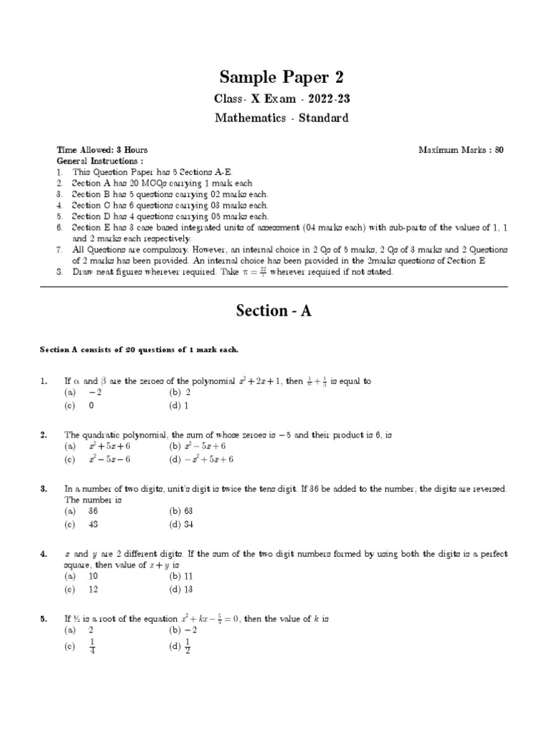 Class 10 Math Sample Paper 1 PDF Odds Rocket