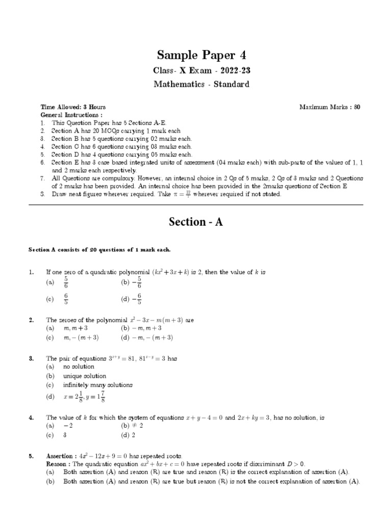Class 10 Math Sample Paper | PDF | Area | Quadratic Equation