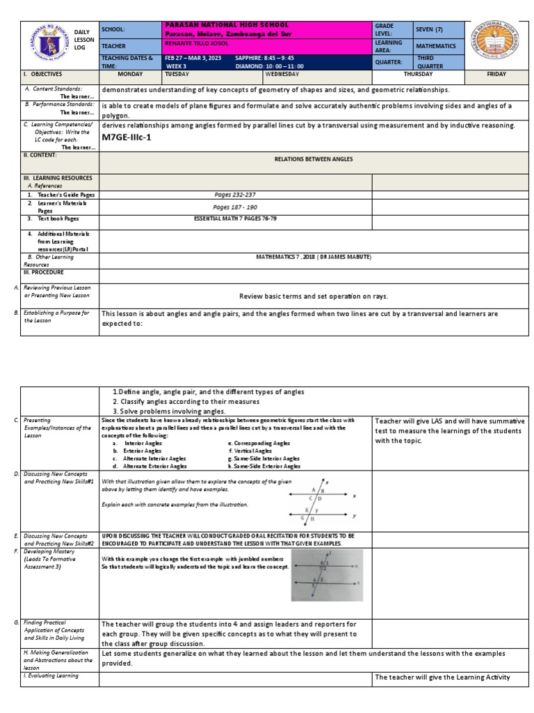 M7Ge-Iiic-1: Renante Tillo Josol | PDF | Angle | Educational Assessment