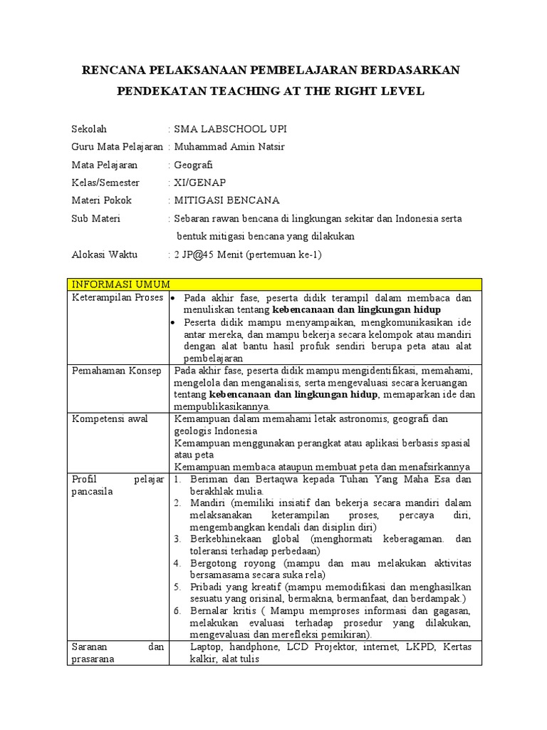 Rencana Pelaksanaan Pembelajaran Berdasarkan Pendekatan Teaching at The ...