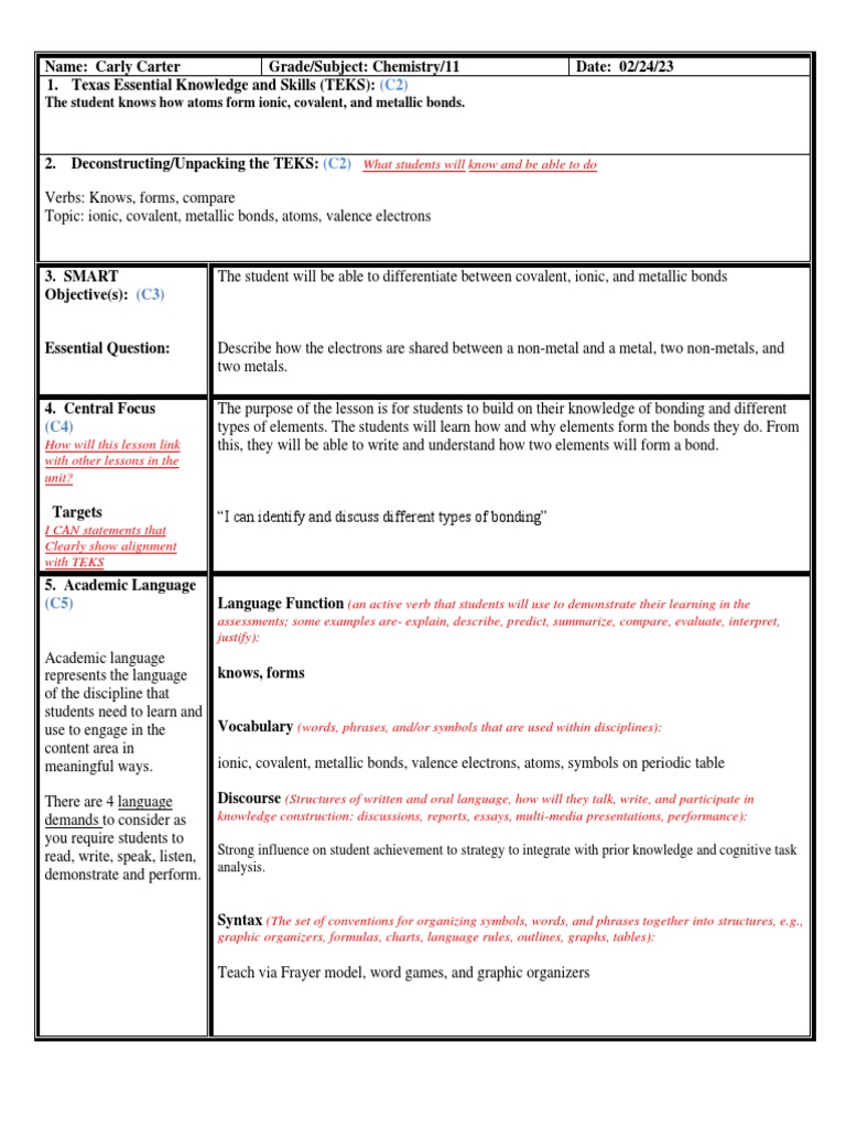 Edtpa Lesson Plan Guide LPG | PDF | Chemical Bond | Ionic Bonding