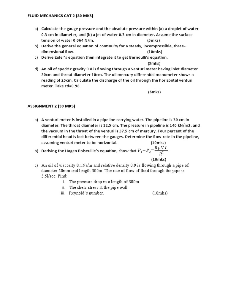 Fluid Mechanics Cat 2 Problems - Gauge Pressure, Continuity Equation, Bernoulli's Equation | PDF