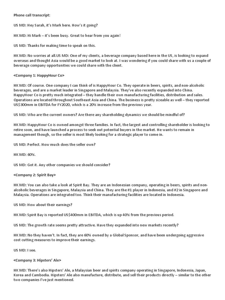 Phone Call Transcript PDF | PDF | Fermented Drinks | Brewing