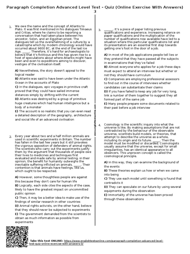 Paragraph Completion 3 | PDF | Atlantis | Anxiety