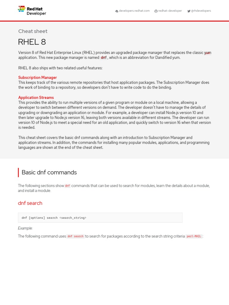 RHEL 8 Cheat Sheet Red Hat Developer | PDF | Software Repository ... RHEL 8 Cheat Sheet Red Hat Developer | PDF | Software Repository ...
