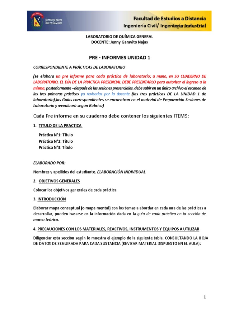 Laboratorio Química General Pre-Informes Unidad 1 | PDF | Laboratorios