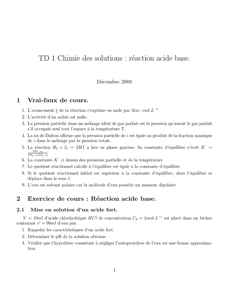 Chimie des solutions : Acides et bases | PDF | Équilibre chimique | Ph