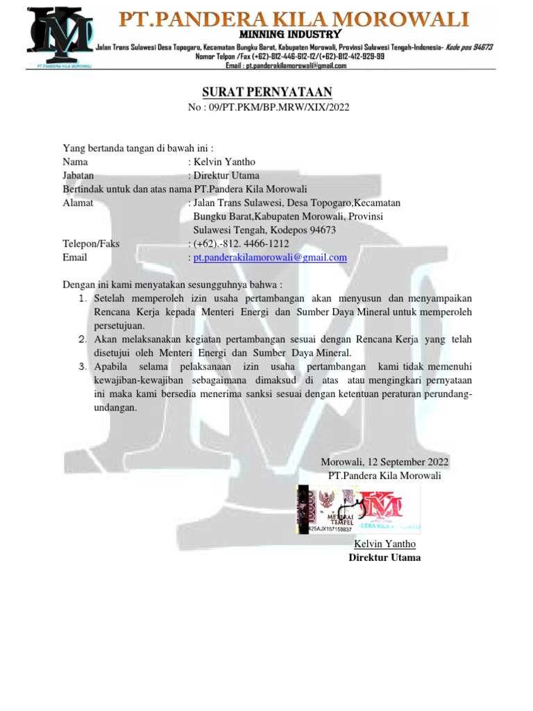 Pernyataan Kesediaan PT. Pandera Kila Morowali untuk Memenuhi Kewajiban ...