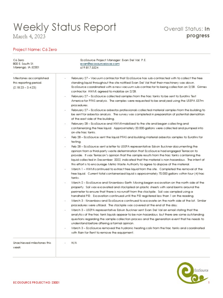 C6 Zero Weekly Status Report March 4, 2023 | PDF | Pollution | Natural ...