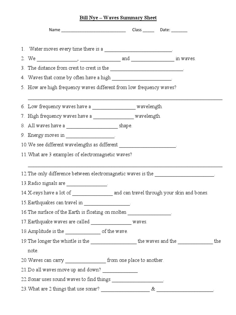 Bill Nye Waves Worksheet Summary | PDF