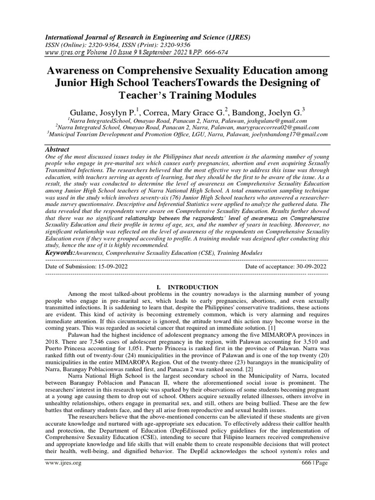 Awareness On Comprehensive Sexuality Education Among Junior High School ...