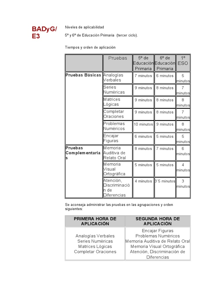 BADyG E3 - Tiempos Aplicacion | PDF | Cognición | Ciencia cognitiva
