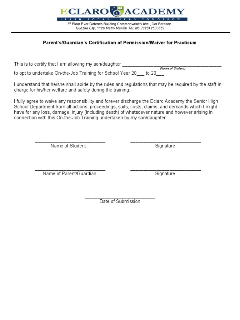 Parents and Guardians Certification of Waiver For Practicum | PDF