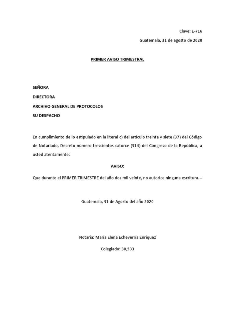Aviso de No Escrituración en 1er Trimestre 31 de Agosto | PDF