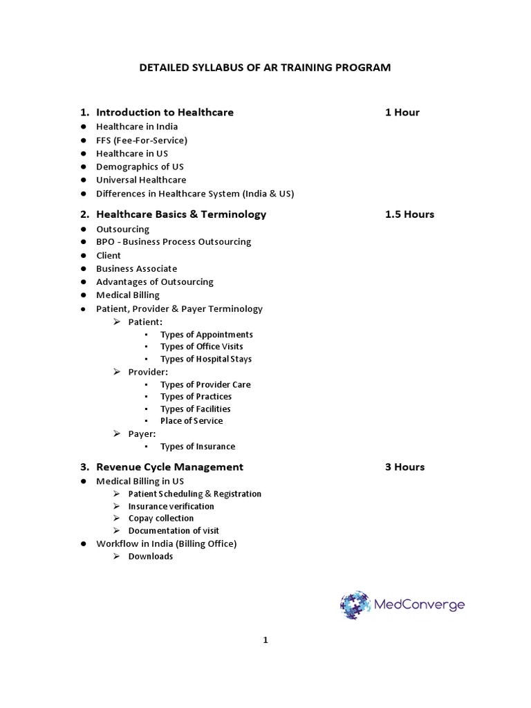 Detailed Syllabus AR Calling MedConverge PDF | PDF | Health Insurance ...