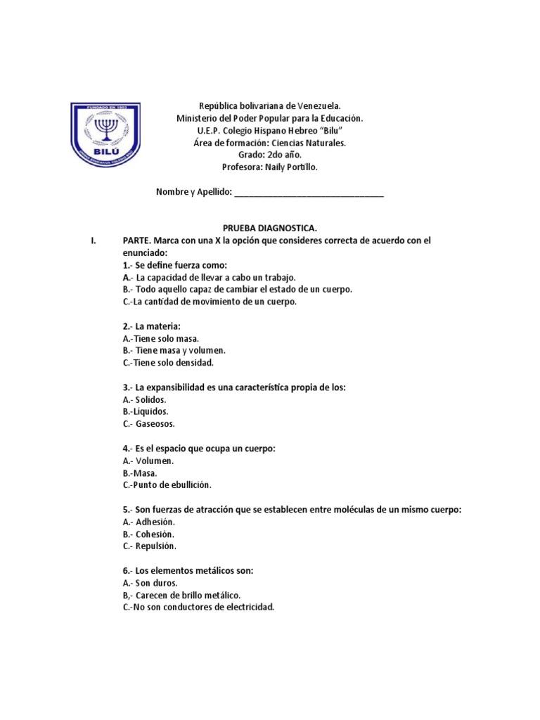 Prueba Diagnostica 2do Año | PDF | Física Aplicada e Interdisciplinaria ...