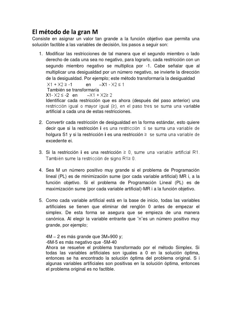 Método de la Gran M en Programación Lineal | PDF | Desigualdad ...