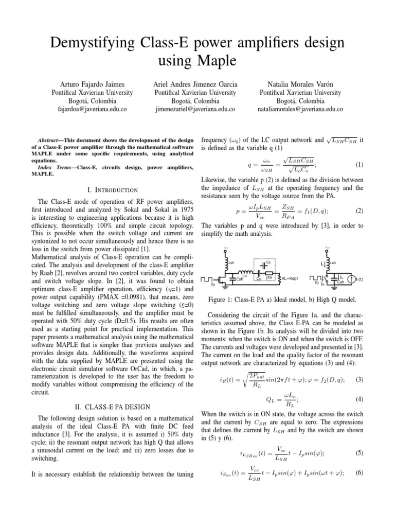 Demystifying Class-E Power Amplifiers Design Using Maple | PDF | Electrical Network | Amplifier