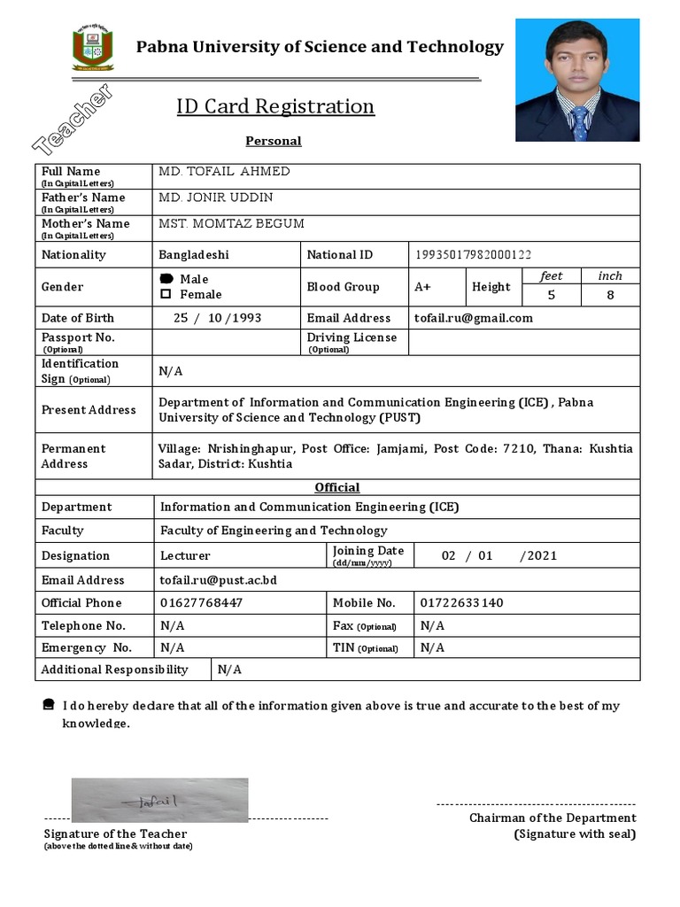Smart - ID - Card - Teacher - Form Tofail | PDF | Identity Document ...