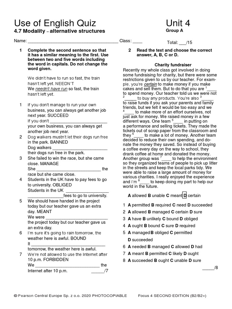Focus4 2E Use-of-English Quiz Unit4 GroupA 2kol | PDF | Career & Growth