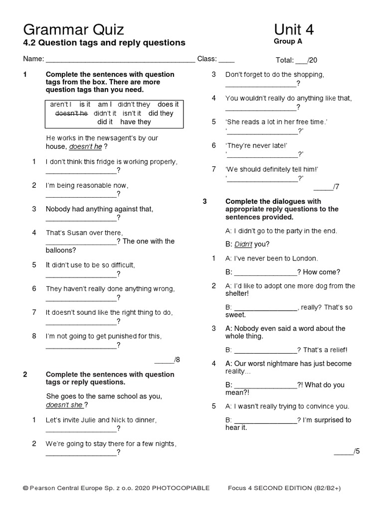 Focus4 2E Grammar Quiz Unit4.2 GroupA 2kol | PDF