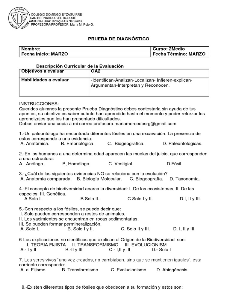 Diagnóstico Ciencias 2° Medio | PDF | Evolución | Biología