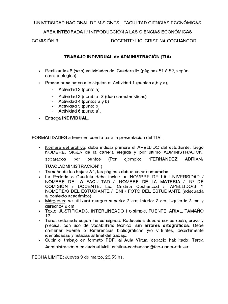 Consignas Trab Individual de Administración | PDF