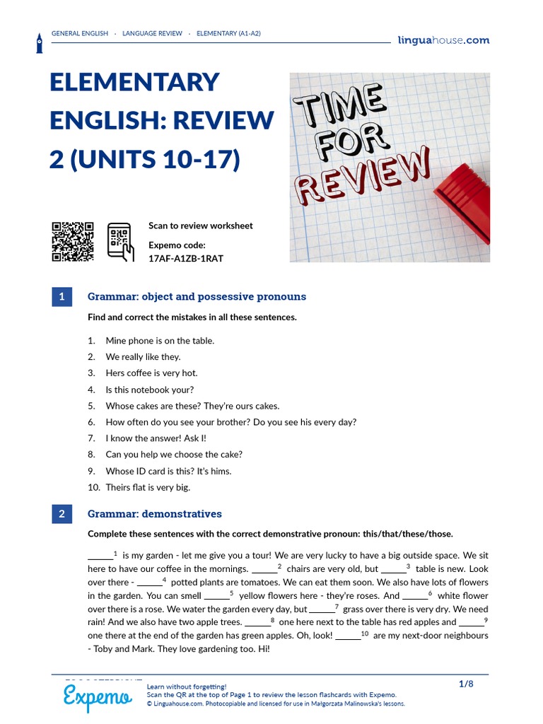 Elementary English Grammar Review A1-A2 | PDF | English Language | Pronoun