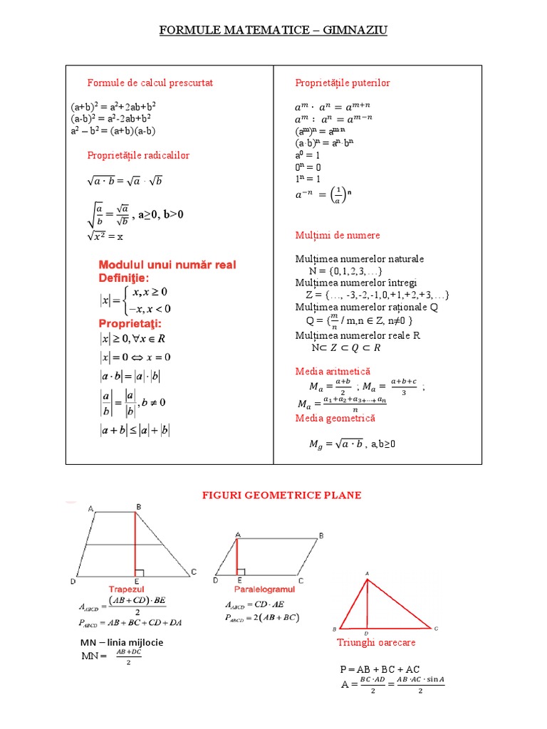 Formule Matematice - Gimnaziu | PDF