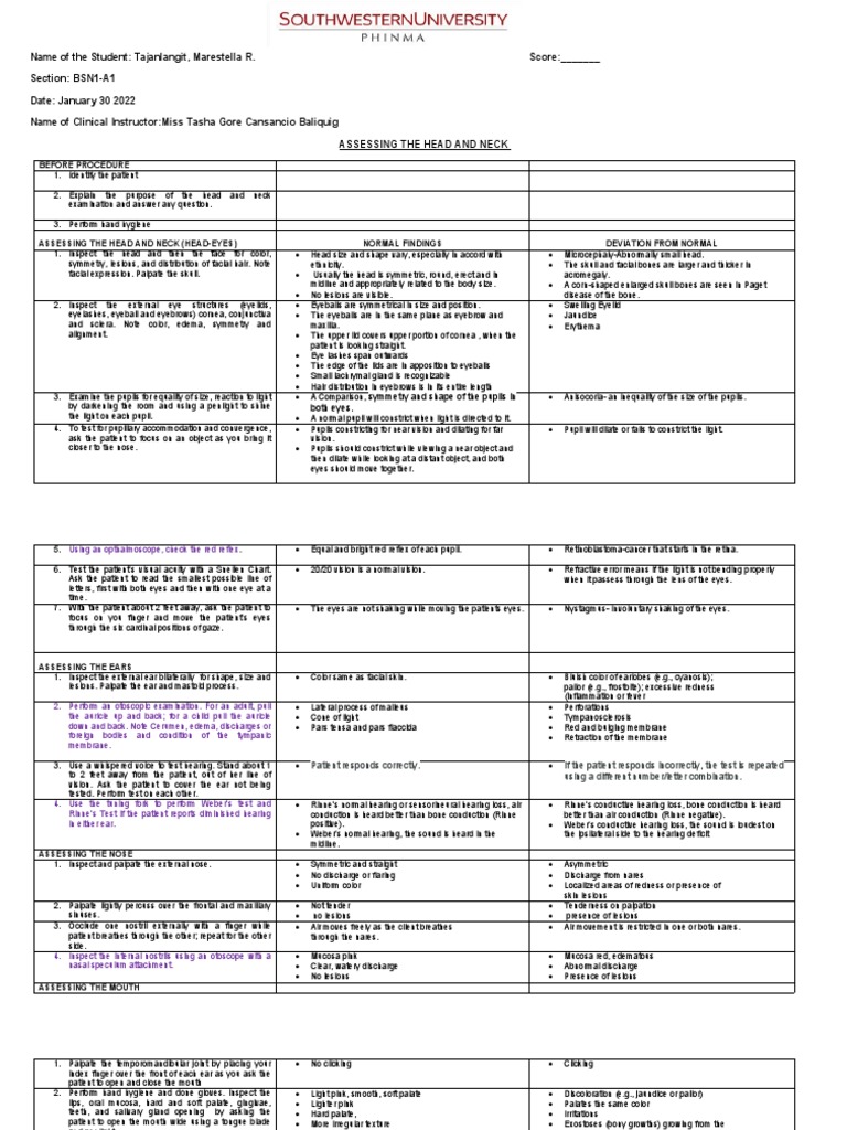 Assessing Head And Neck Exam Pdf Common Carotid Artery Visual Acuity