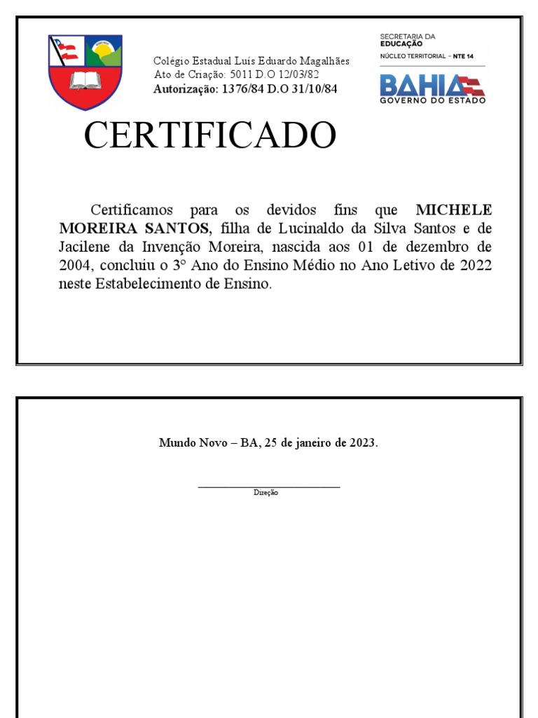 Certificado de Conclusão - Michele Moreira | PDF