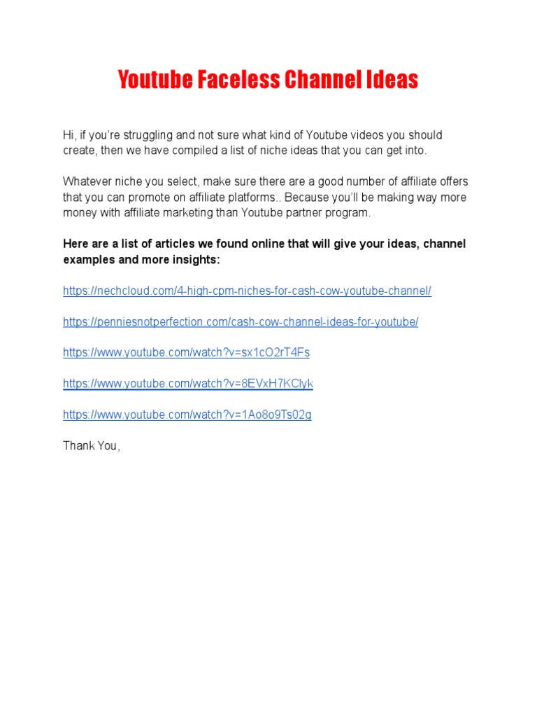 Niche Ideas for Faceless YouTube Channels | PDF