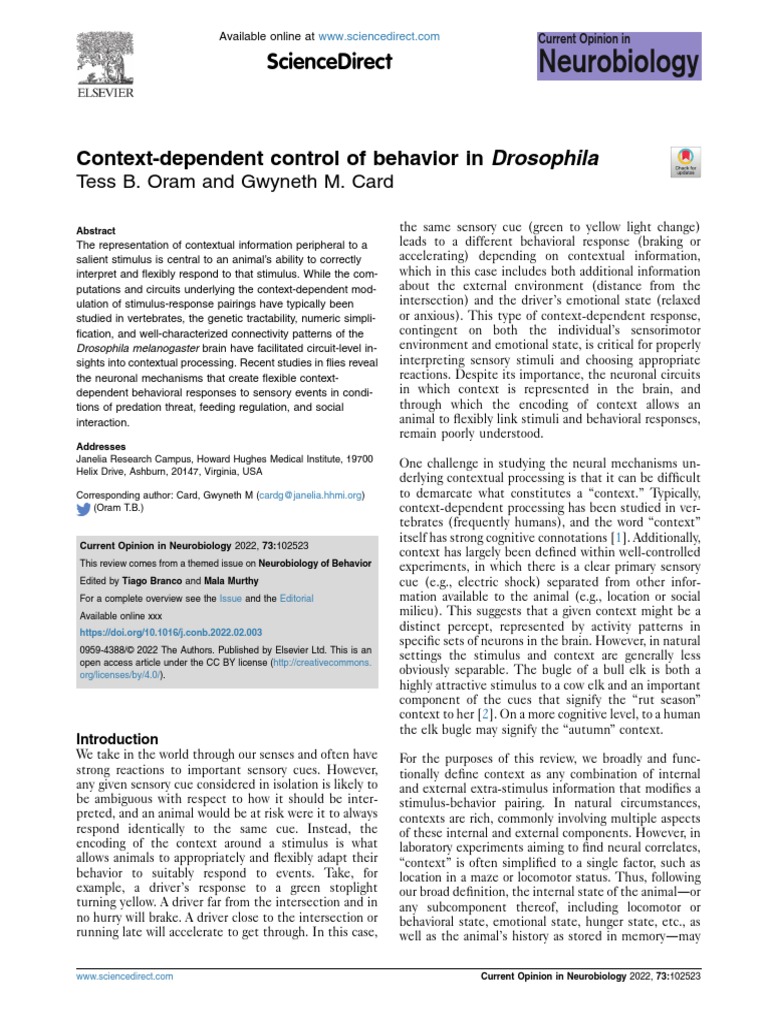 Context Dependent Control Of Behavior In Drosophila Pdf Pdf Perception Nervous System