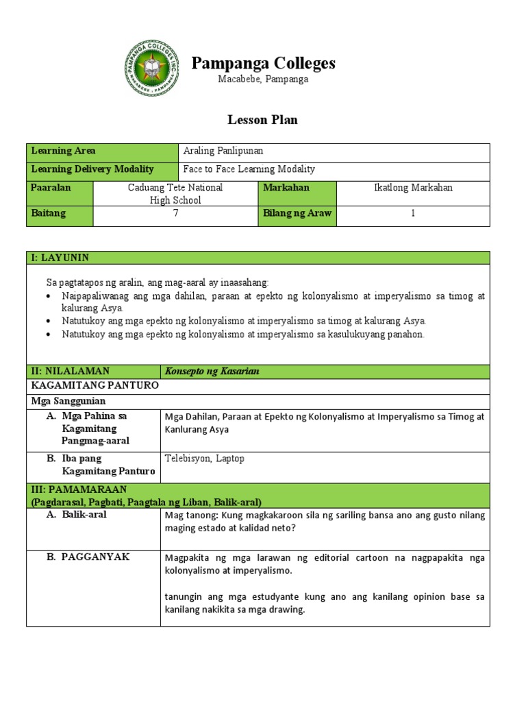 Pampanga Colleges: Lesson Plan | PDF