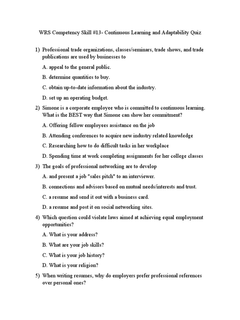 WRS Competency Skill #13 Continuous Learning and Adaptability Quiz ...