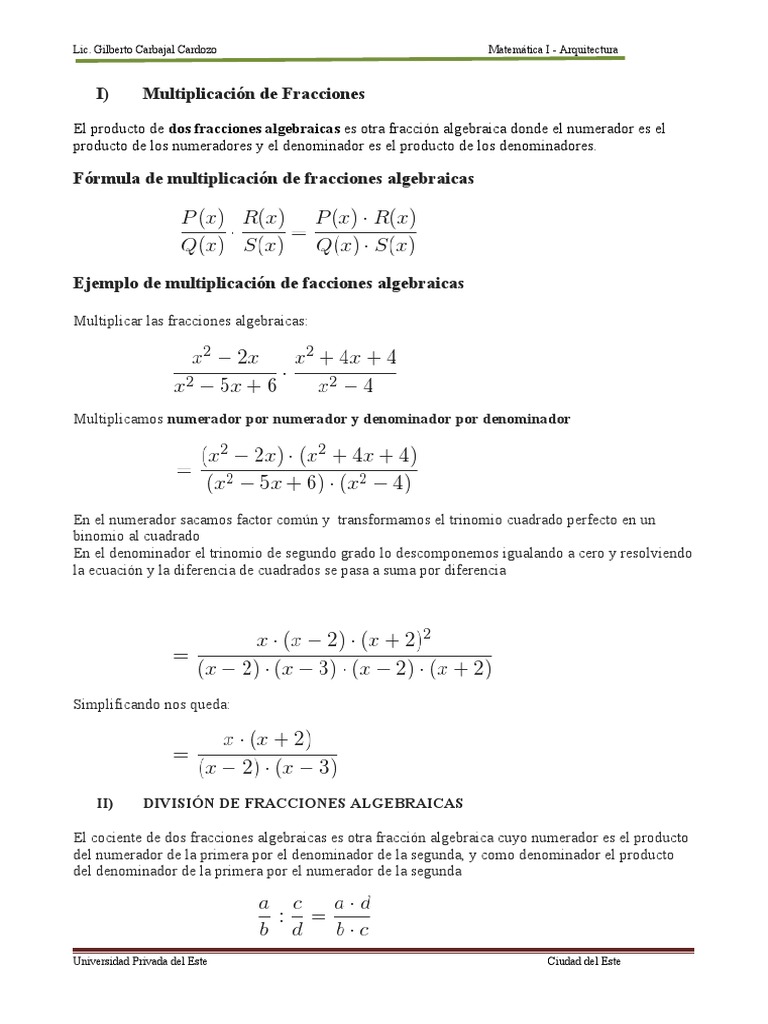 Fracciones Algebraicas (Multiplicación y División) | PDF | Multiplicación | Factorización