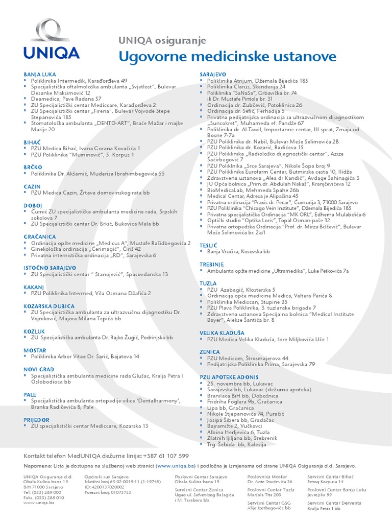 UNIQA - Mreža Ugovornih Ustanova (Decembar 2021) | PDF