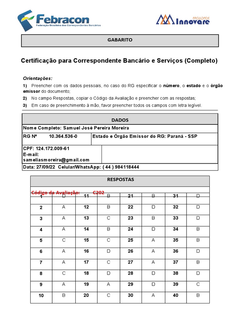 GABARITO Avaliação COMPLETO | PDF